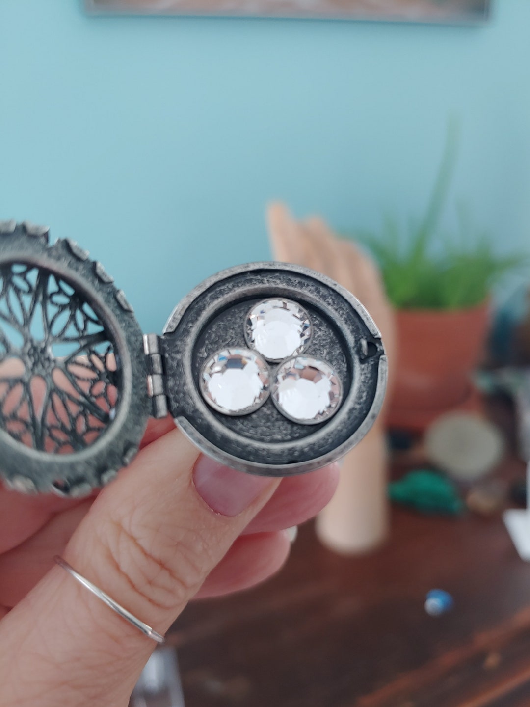 Gothic Locket With Crystals Ring . Size Adjustable . Gunmetal Filigree ...