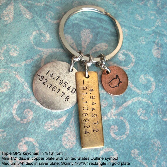 Triple GPS Coordinates Keychain W/usa Stamp. Totally Custom - Etsy