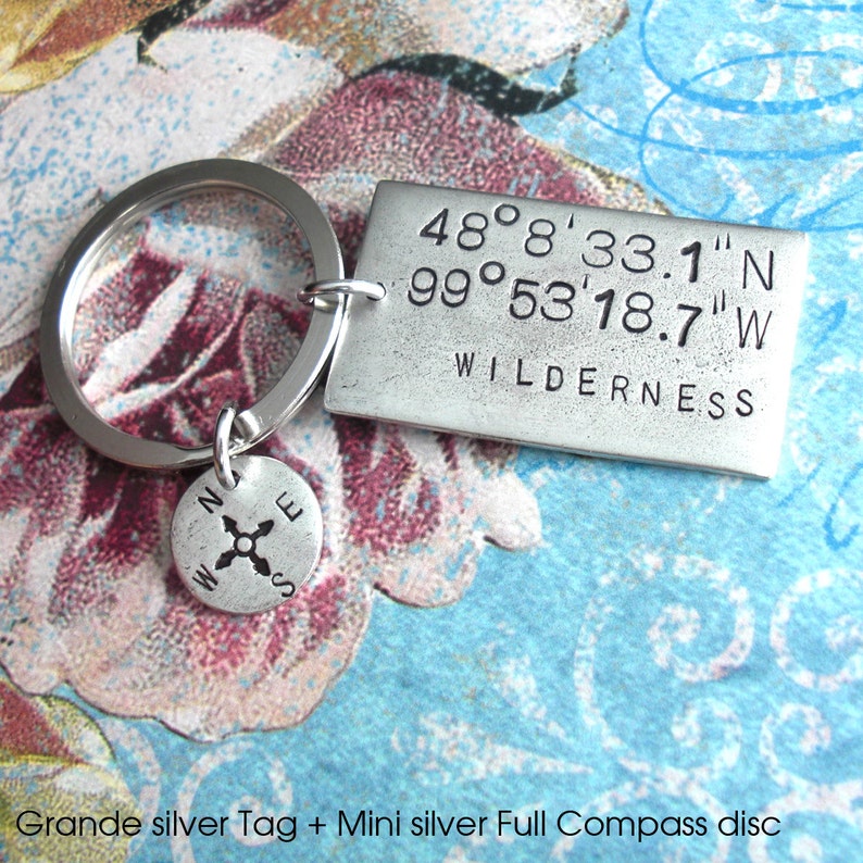 Double Charm Keychain . GPS Coordinates & Mini Compass . Hand | Etsy