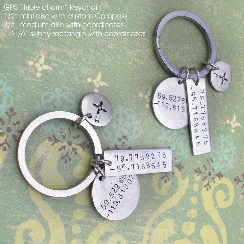 Triple GPS Coordinates Keychain.. One Set of Three Hand - Etsy