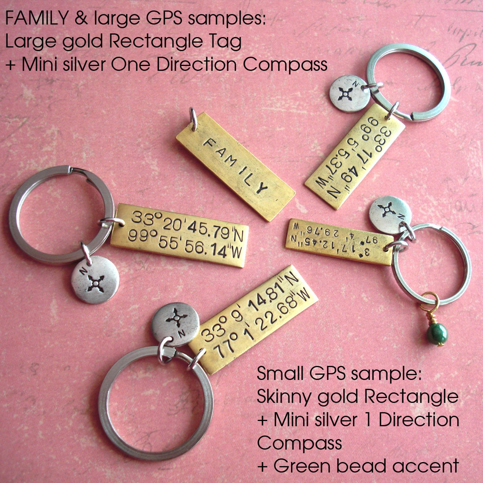 Double Charm Keychain . GPS Coordinates & Mini Compass . Hand | Etsy