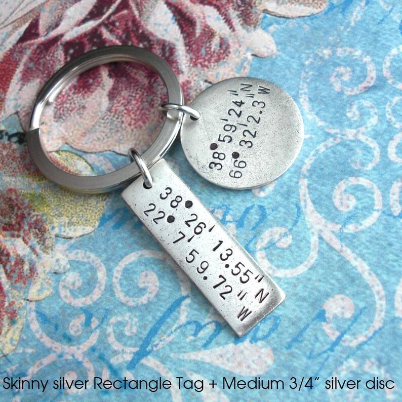Double Charm Keychain . GPS Coordinates & Mini Compass . Hand | Etsy