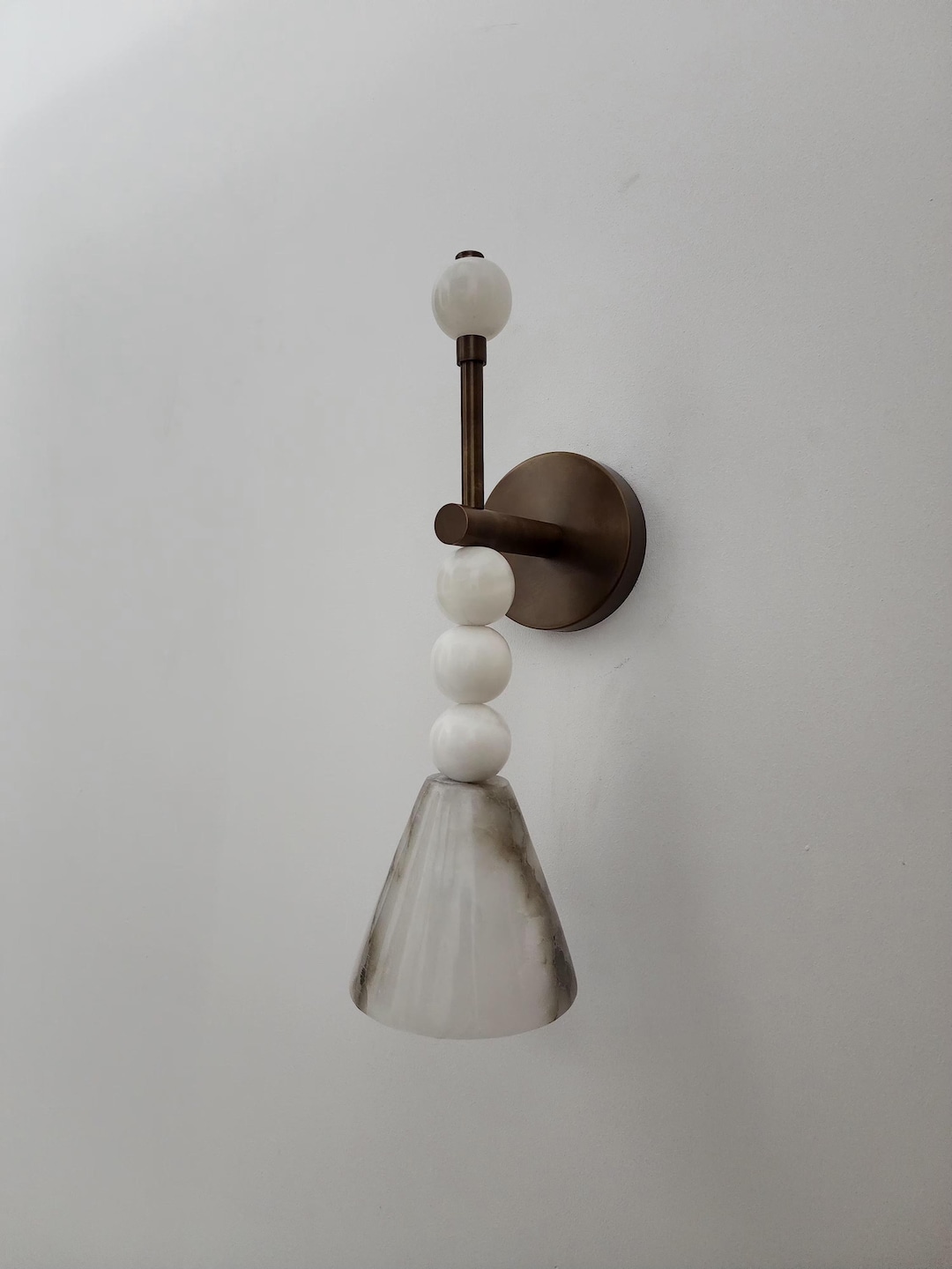 Alabaster Beaded Wall Sconce — Solid Brass | Marble Cone Shade | Wall ...