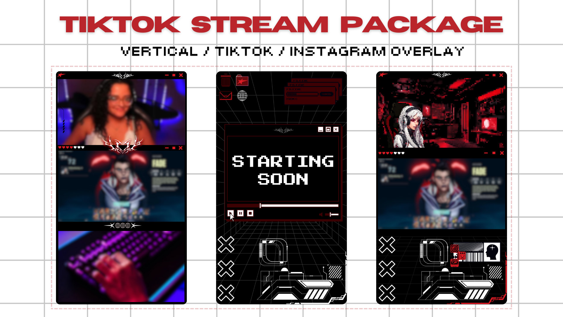 Red Black Cyberpunk Tiktok Stream Overlay Package , Red Cute Aesthetic ...