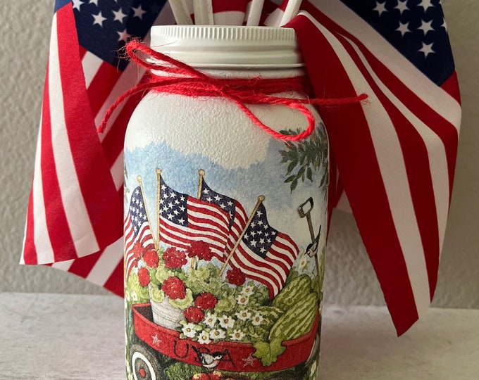 Patriotic Mason Jar, July 4th Mason Jar, Red White and Blue Mason Jar ...