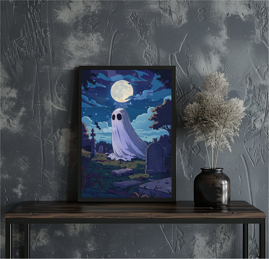 Wandering the Graveyard - Cute Ghost Poster, Spooky Art Print, Gothic ...