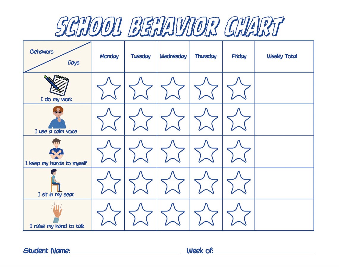 School Behavior Chart for Children, Teens, High School, Special ...