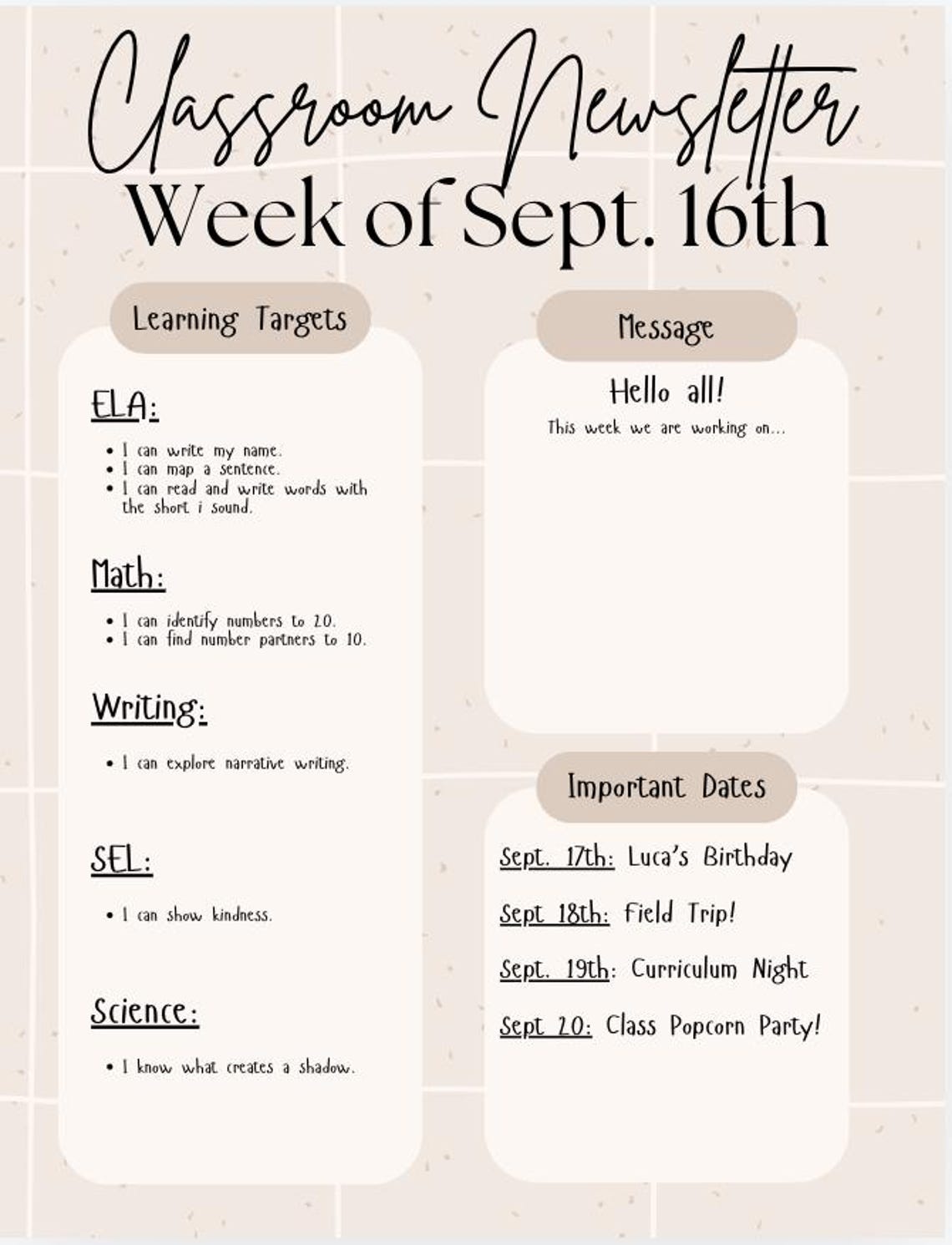 Neutral Weekly Classroom Newsletter Template - Etsy