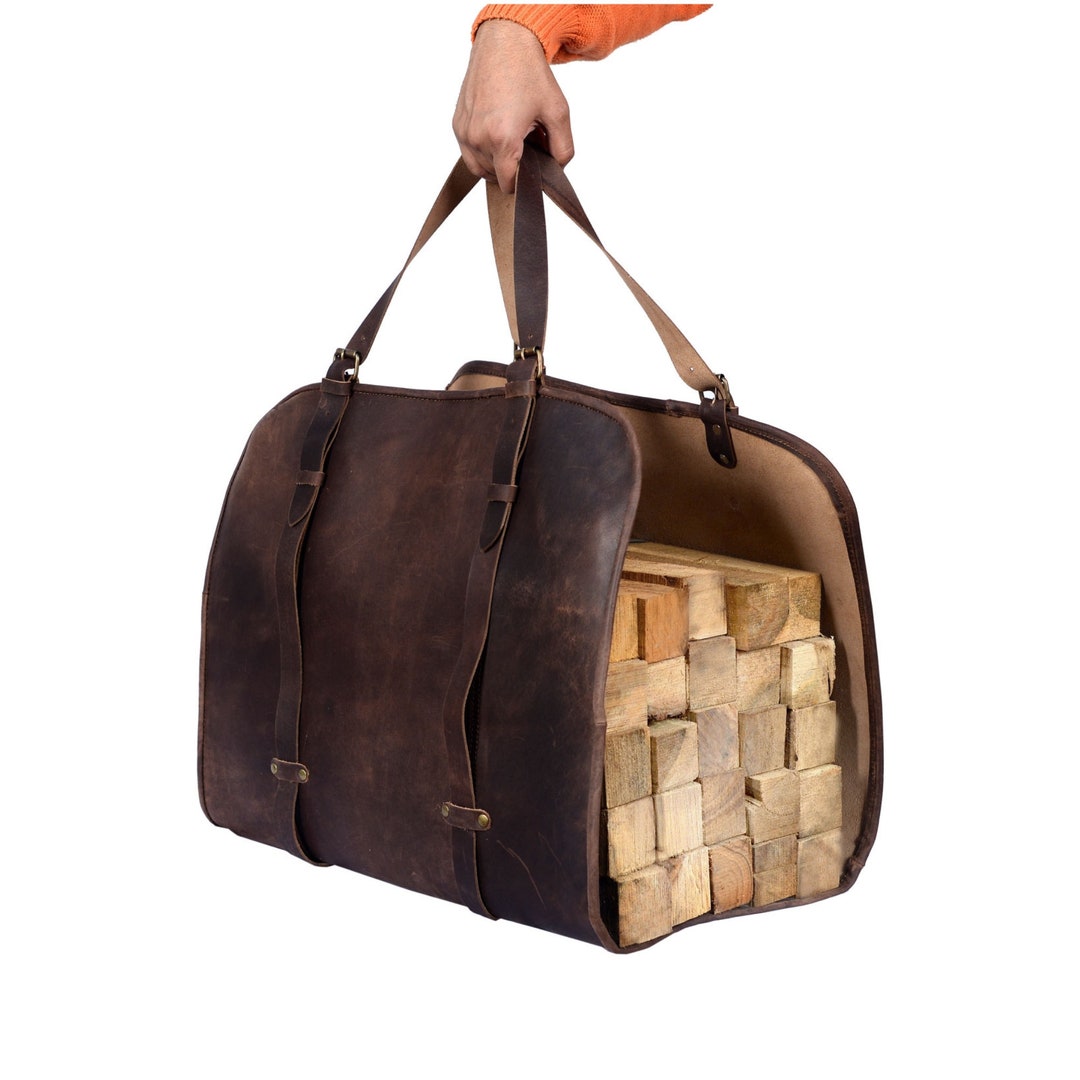 Leather Log Carrier, Leather Firewood Carrier ,full Grain Leather, Wood ...
