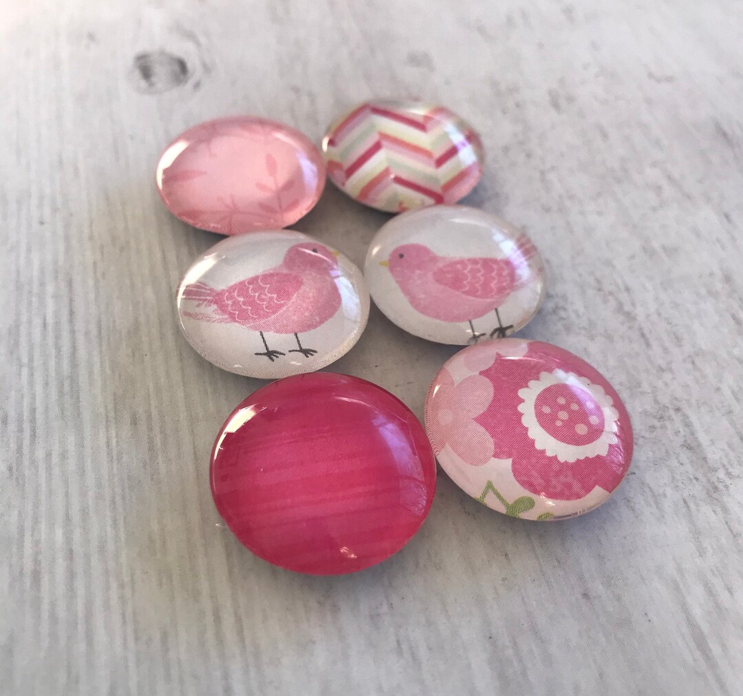 Sweet Pink Magnets With Pink Birds, Flowers, Stripes. Set of 6, 1 Inch ...