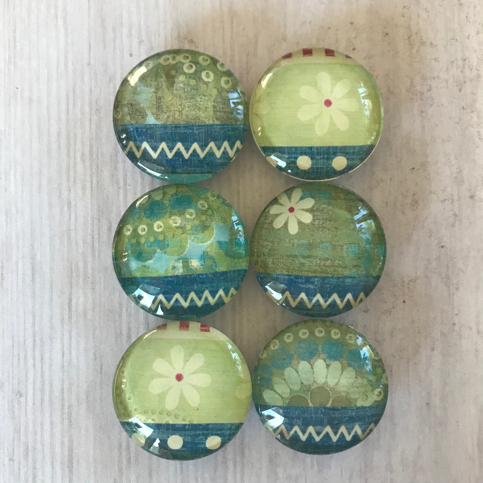 Casual Blue & Green Print Magnets. Set of 6, 1 Inch (25mm) Round Glass ...