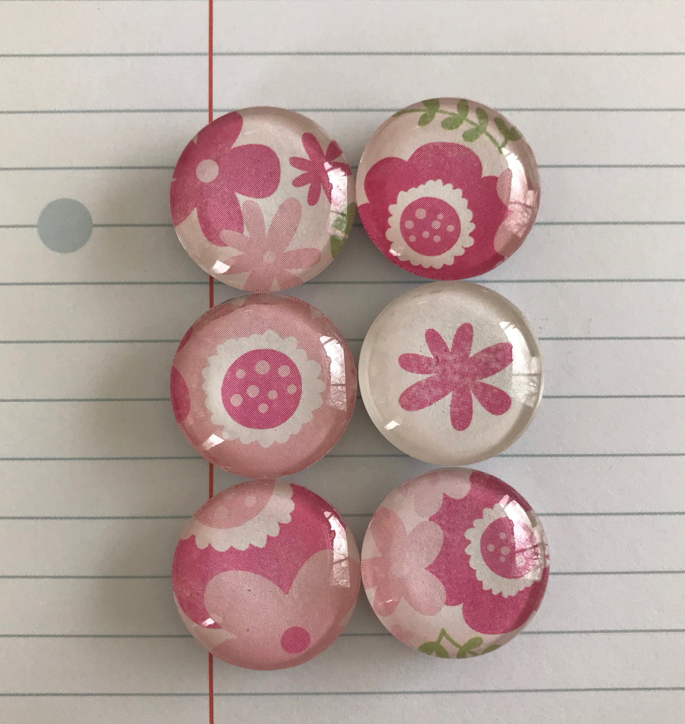 Tickled Pink Flowers Magnets. Set of 6, 1 Inch (25mm) Round Glass ...