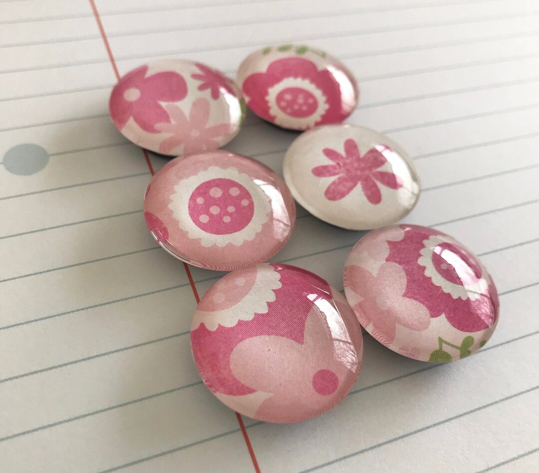 Tickled Pink Flowers Magnets. Set of 6, 1 Inch (25mm) Round Glass ...