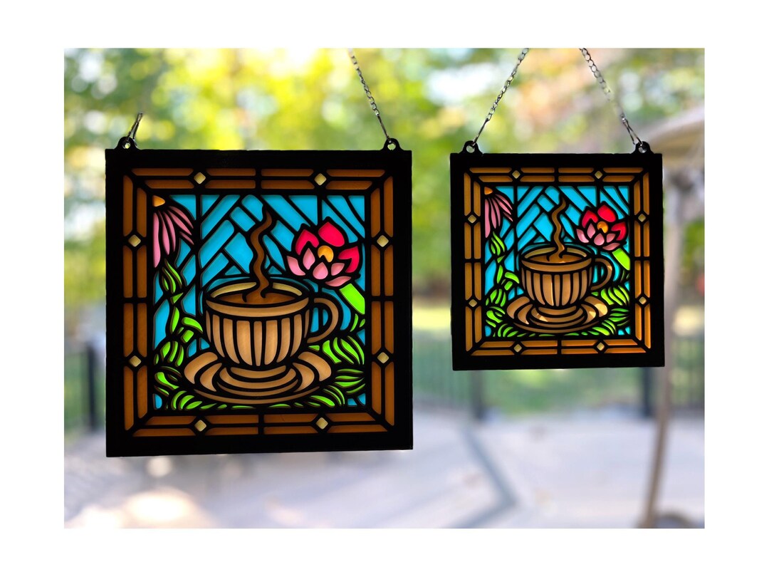 Coffee Shadow Box With Stained Glass Light Effect | Coffee Mug Shadow ...