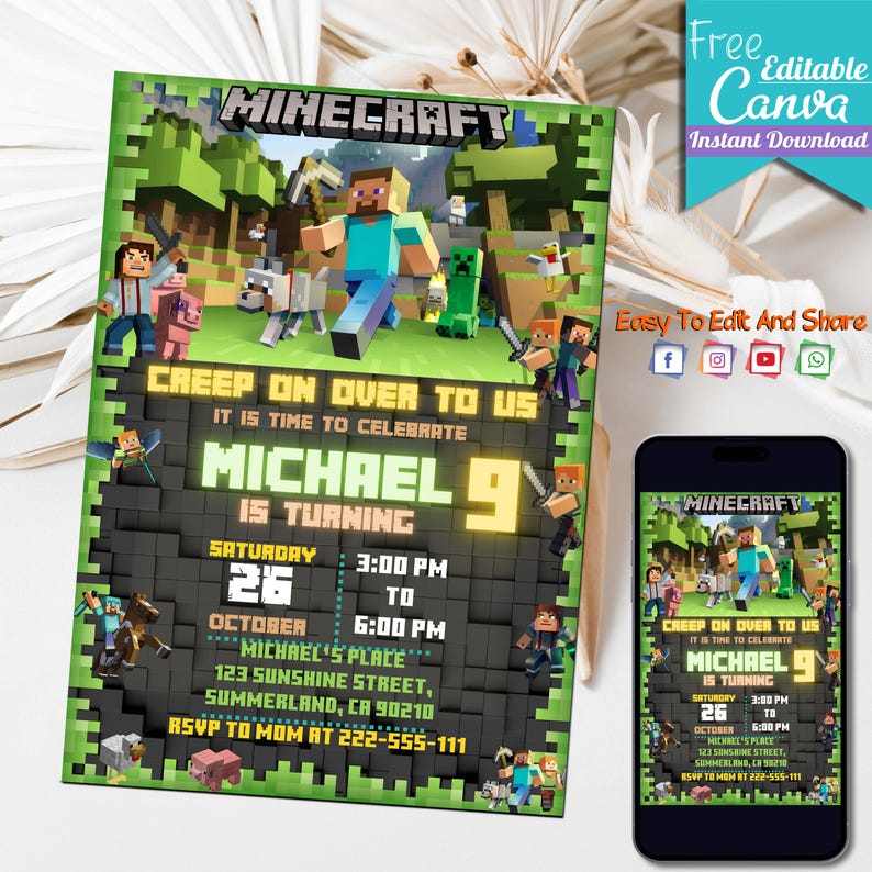 Editable Minecraft Birthday Invitation Mine Invite Template Minecrafter ...