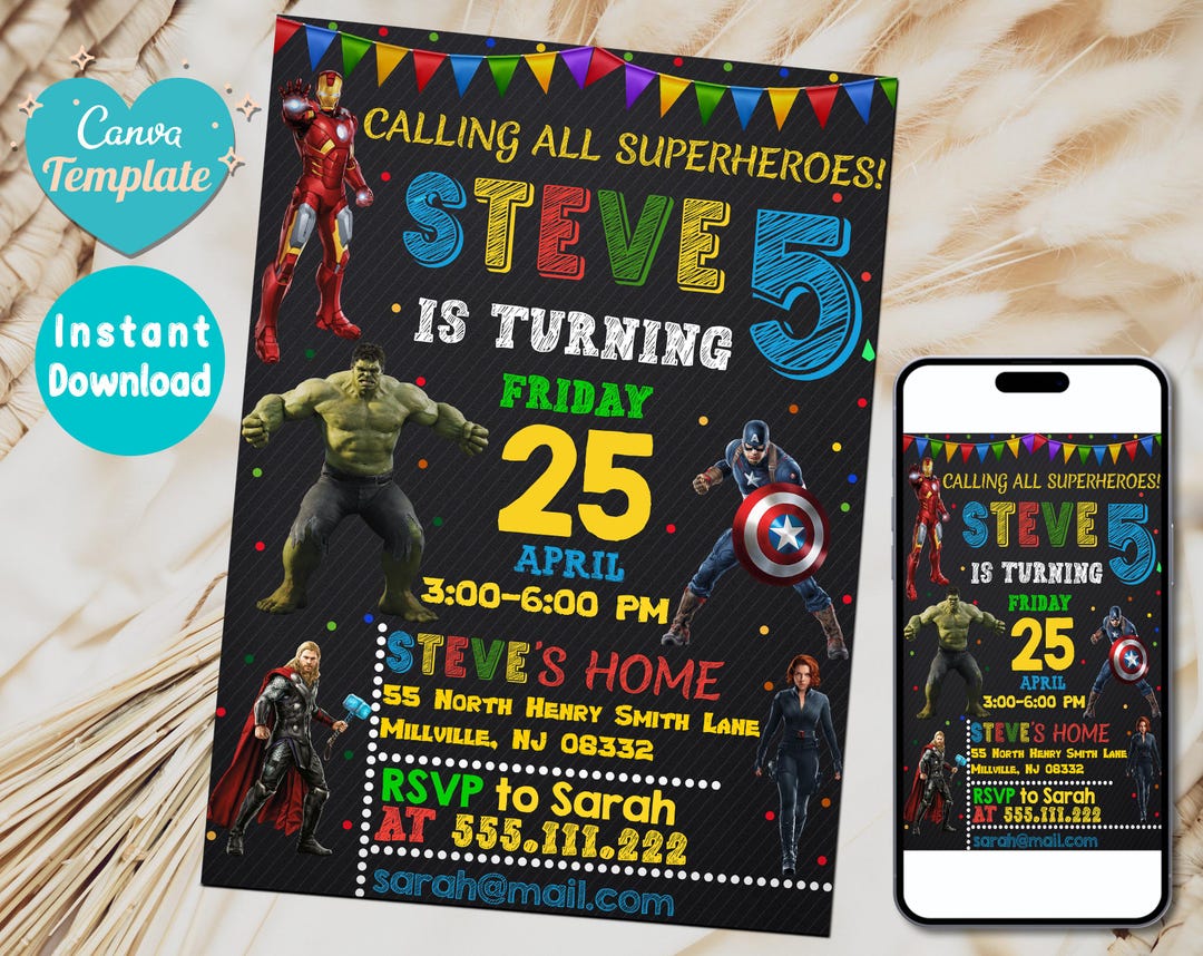 Editable Avengers Birthday Invitation | Superheros Birthday Invitation ...