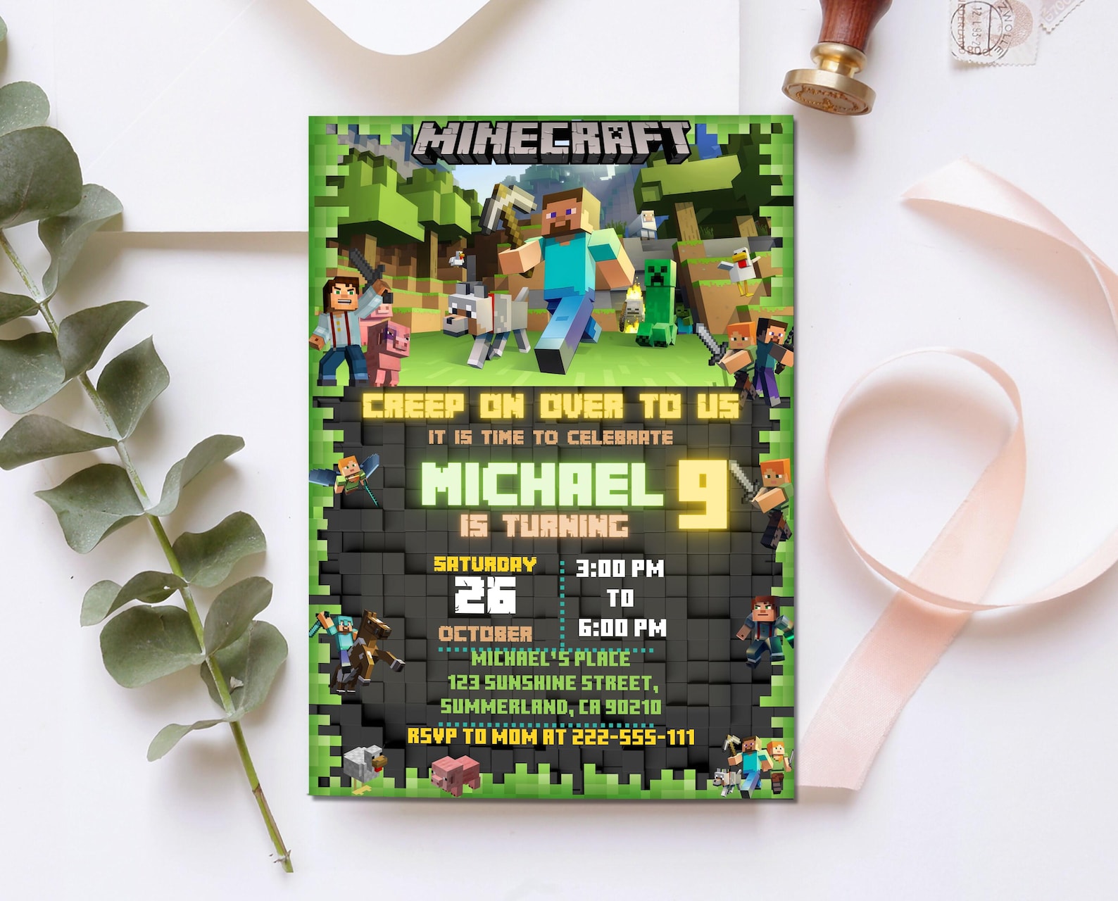 Invitación de cumpleaños editable de Minecraft / Plantilla de ...
