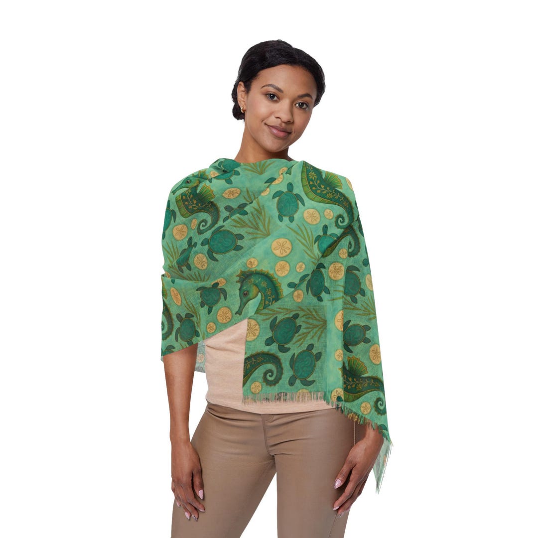 Green Seahorse, Turtles, Sand Dollar Pattern Light Scarf | Ocean Animal ...
