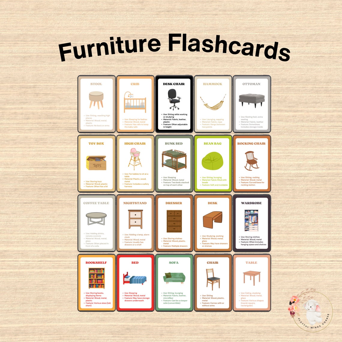 Furniture Flashcards, Educational Printable Cards, Pre-school Cards ...