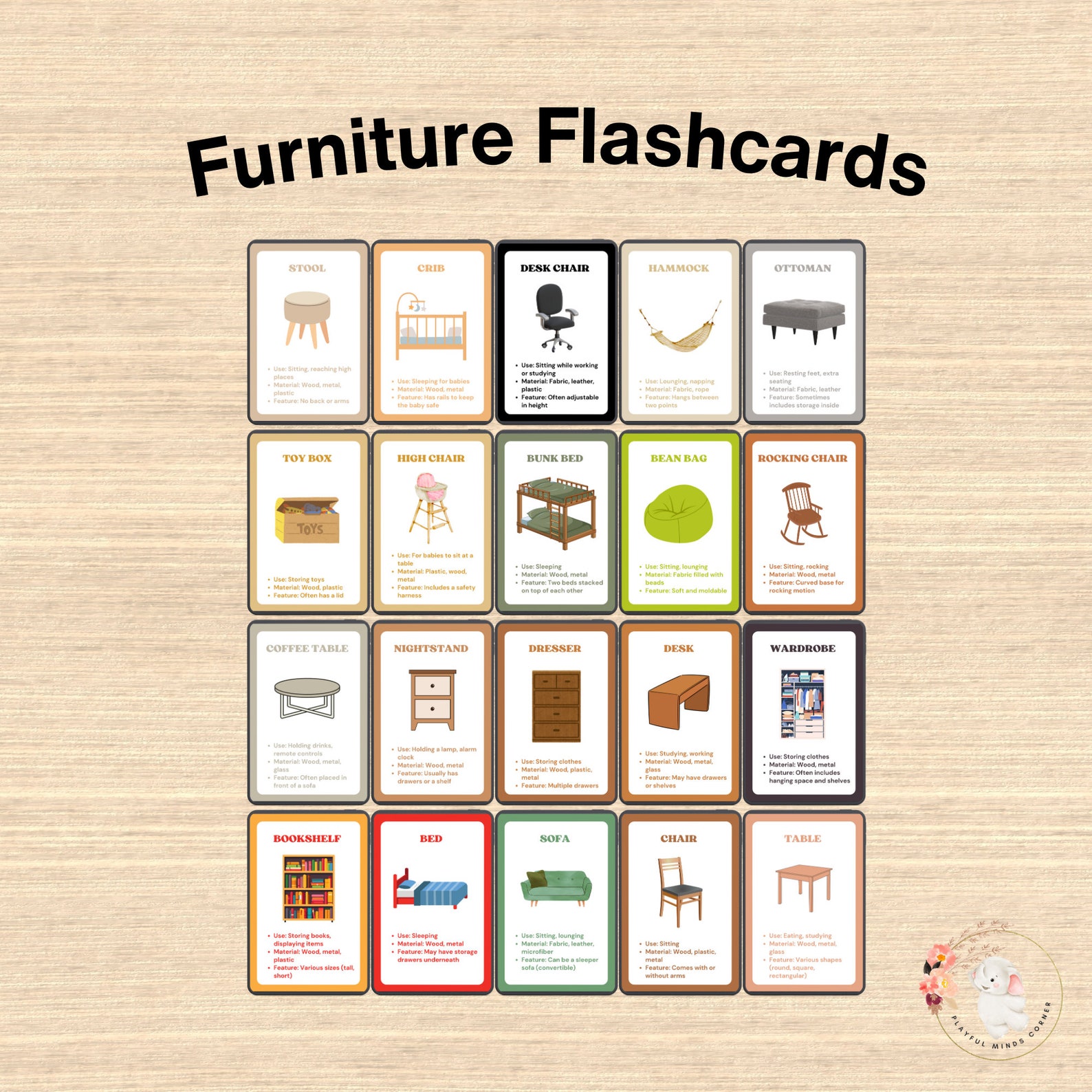 Furniture Flashcards, Educational Printable Cards, Pre-school Cards ...