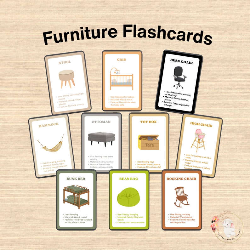Furniture Flashcards, Educational Printable Cards, Pre-school Cards ...