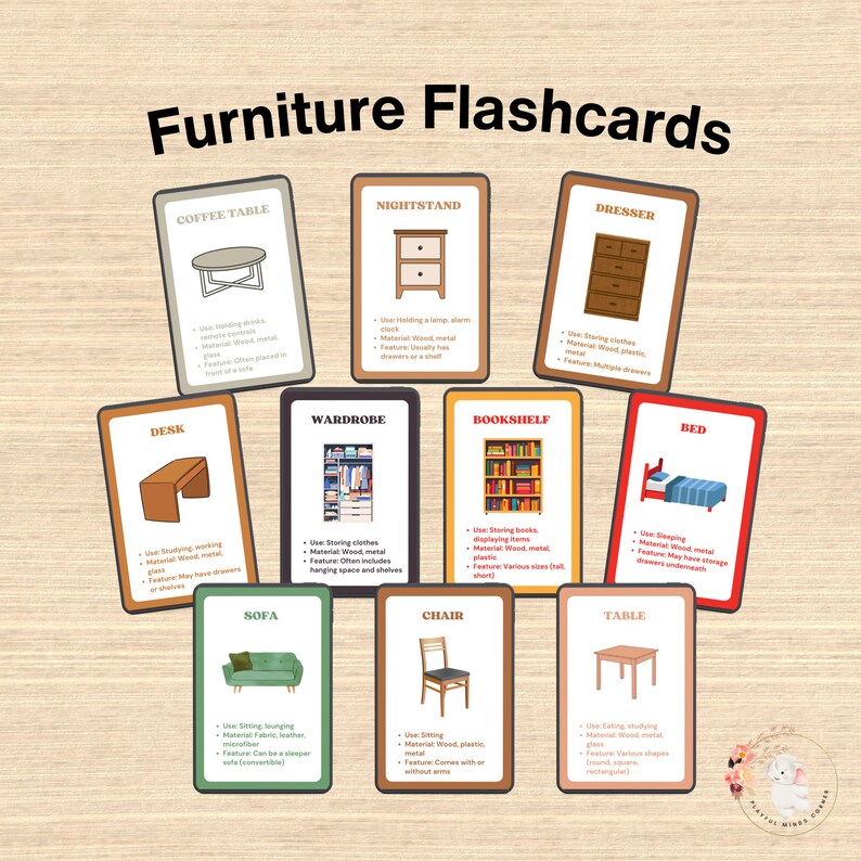 Furniture Flashcards, Educational Printable Cards, Pre-school Cards ...