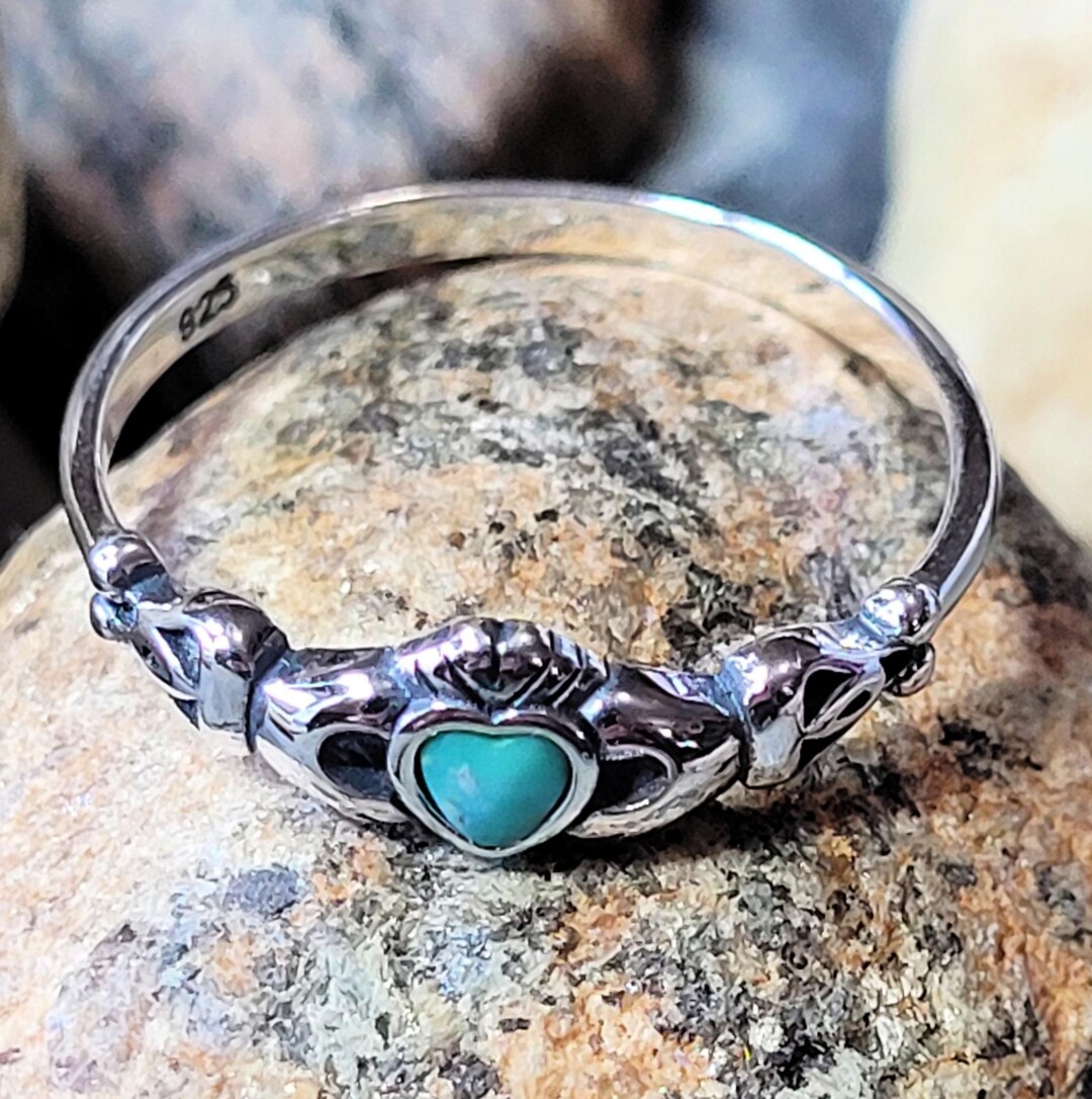 Delicate Genuine Turquoise Celtic Claddagh Sterling Silver Ring Size ...