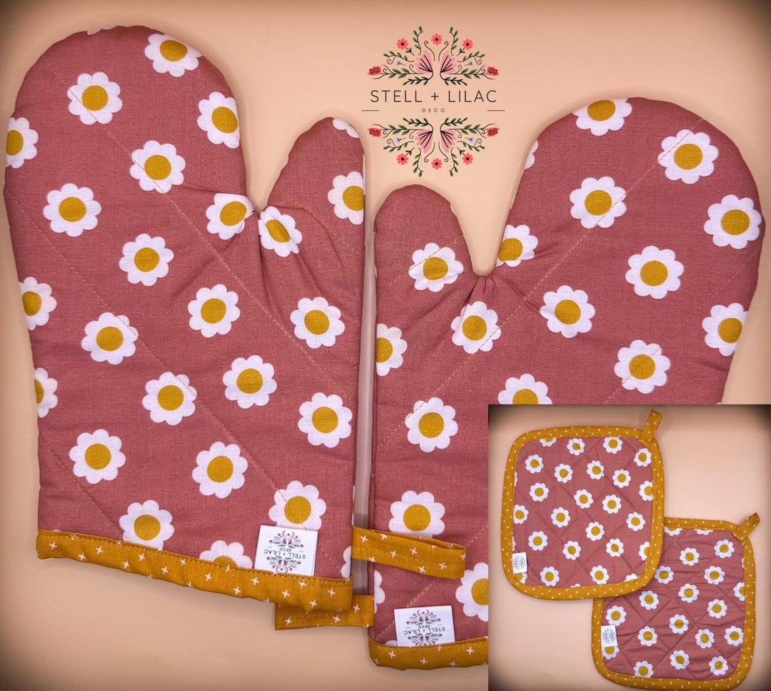 Floral Oven Mitts Set Hand, Sewn 4 Piece Kitchen Set, Autumn Daisy ...