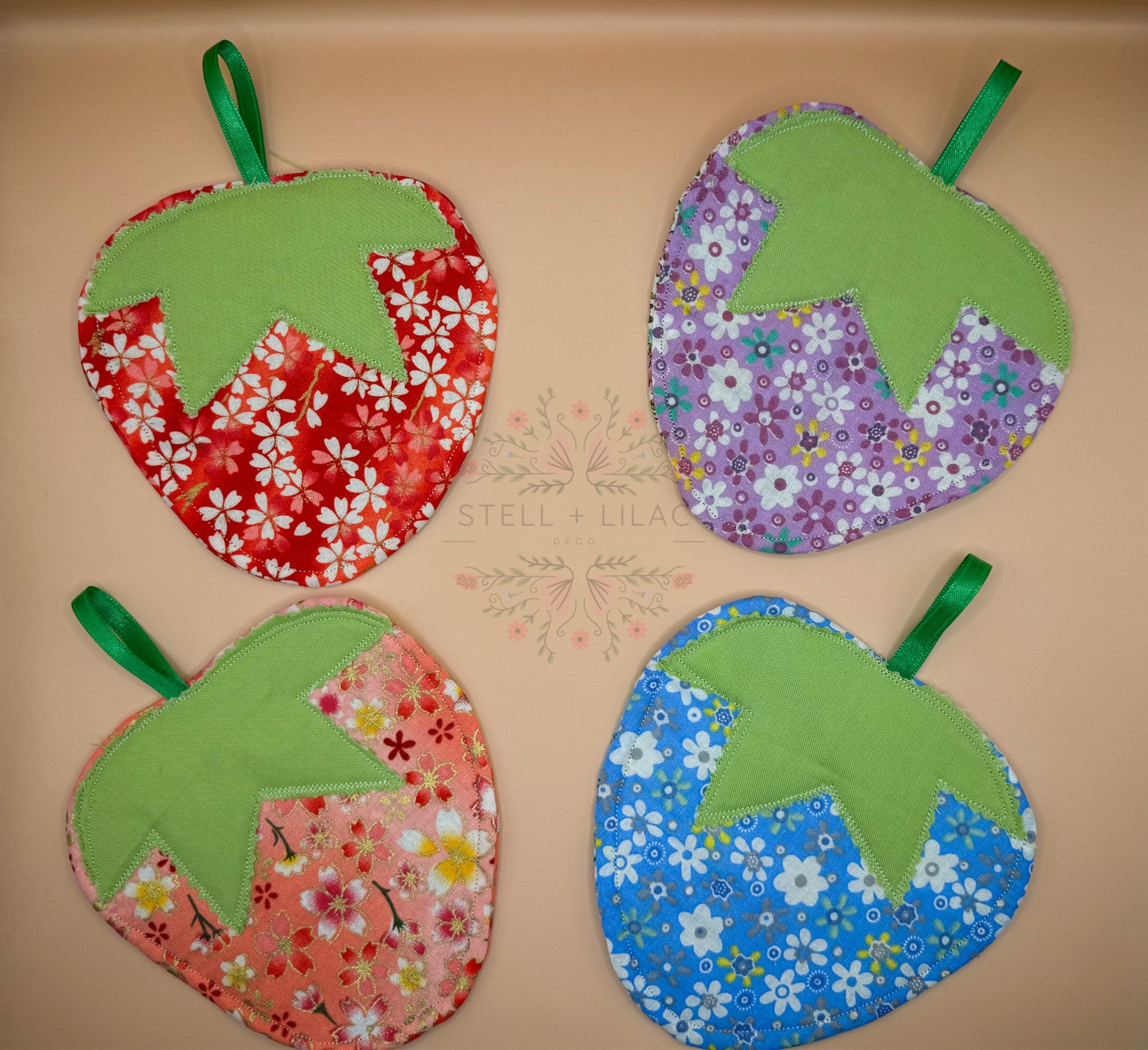 Handmade Strawberry Fabric Coasters - Set of 4, Floral Print, Quilted ...