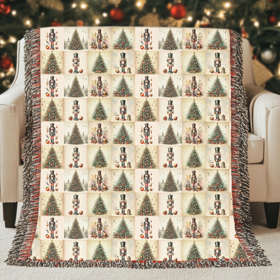 Nutcracker and Christmas Tree Woven Blanket, Cozy Holiday Tapestry ...