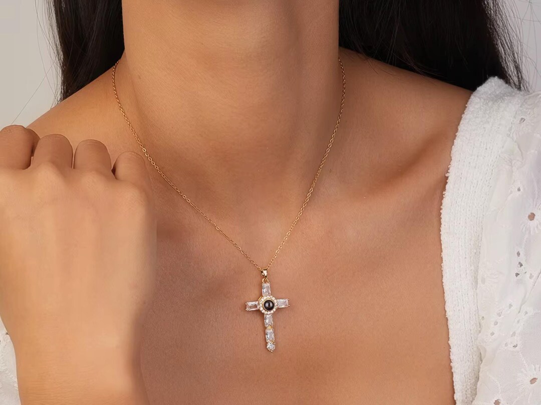 Custom Diamond Projection Cross Necklace Photo Necklace Tiny Cross ...
