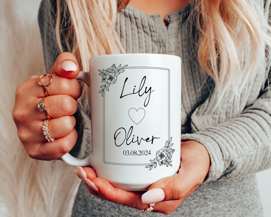 Personalized Couple Floral Mug, Custom Name and Date Mug, Floral Design ...
