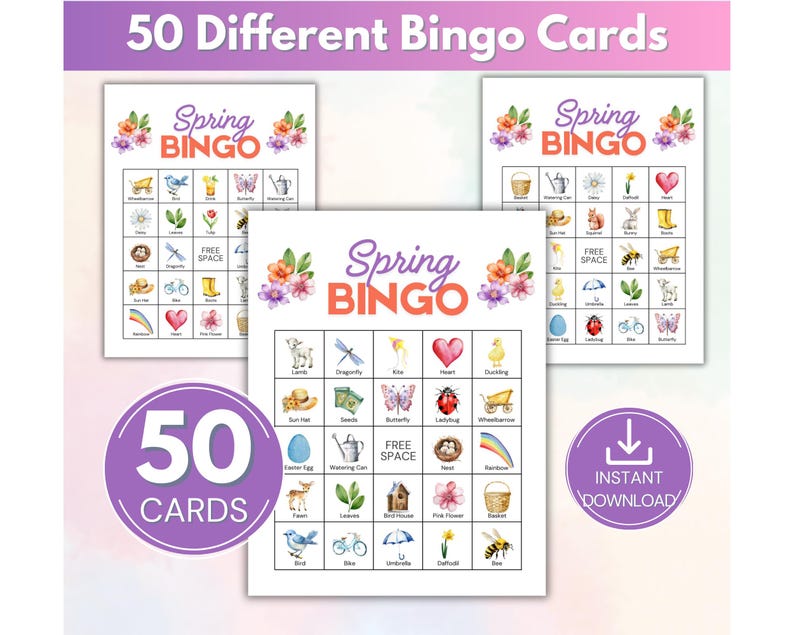 Spring Bingo, 50 Printable Spring Bingo Cards, Spring Party Game and ...