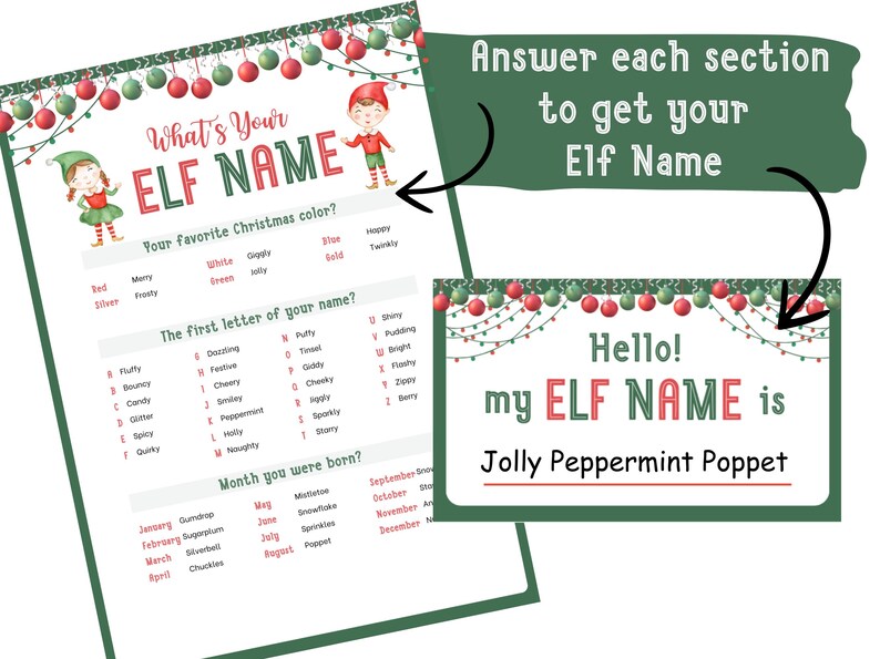 What's Your Elf Name Game Fun Printable Christmas Party Game and ...
