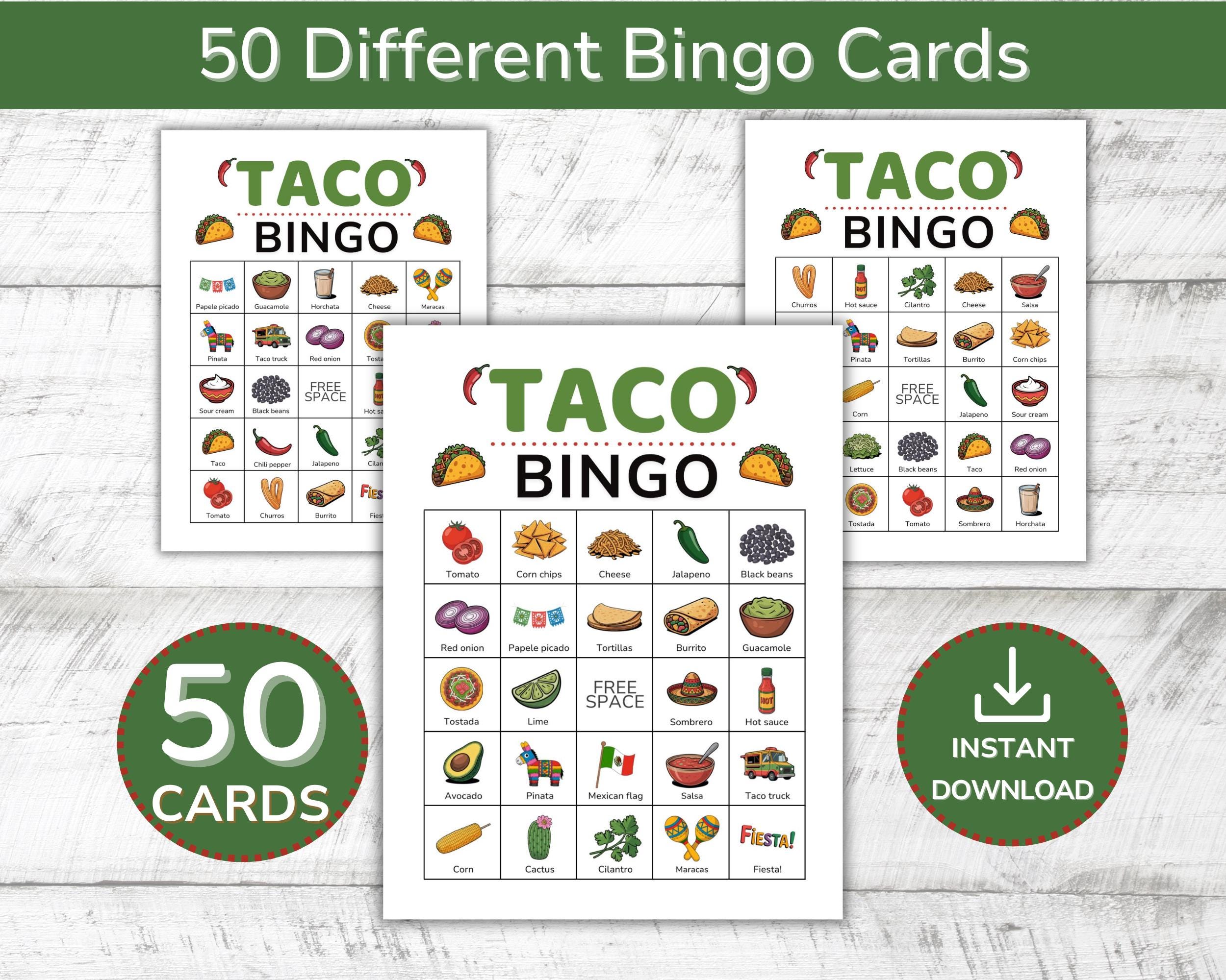 Taco Bingo, 50 Printable Mexican Bingo Cards, Taco Tuesday Game, Taco ...