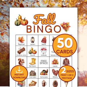 Fall Bingo Game: 50 Printable Bingo Cards, Autumn Party Activity ...