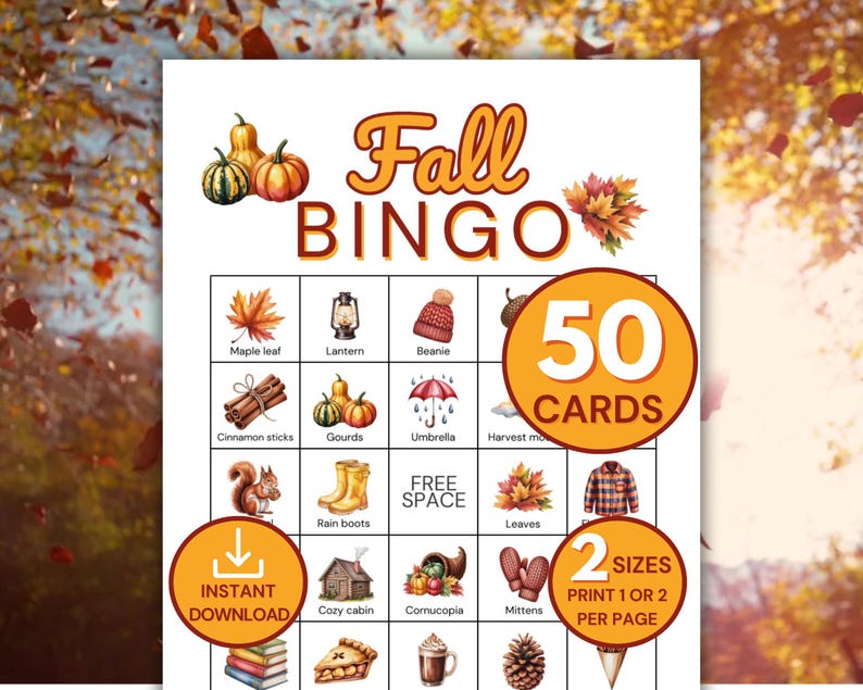 Fall Bingo Game: 50 Printable Bingo Cards, Autumn Party Activity ...
