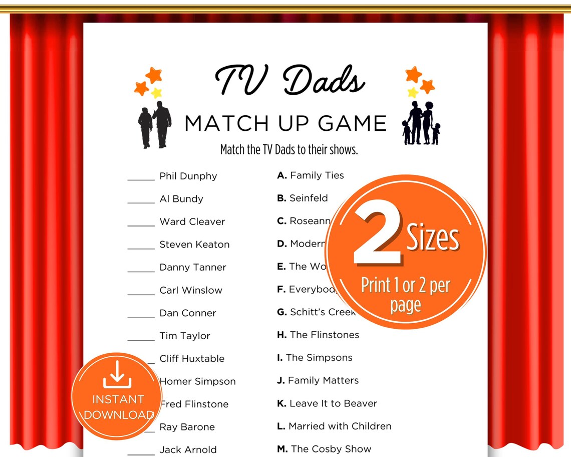 TV Dads Match up Father's Day Trivia Game, Printable Fathers Day Trivia ...