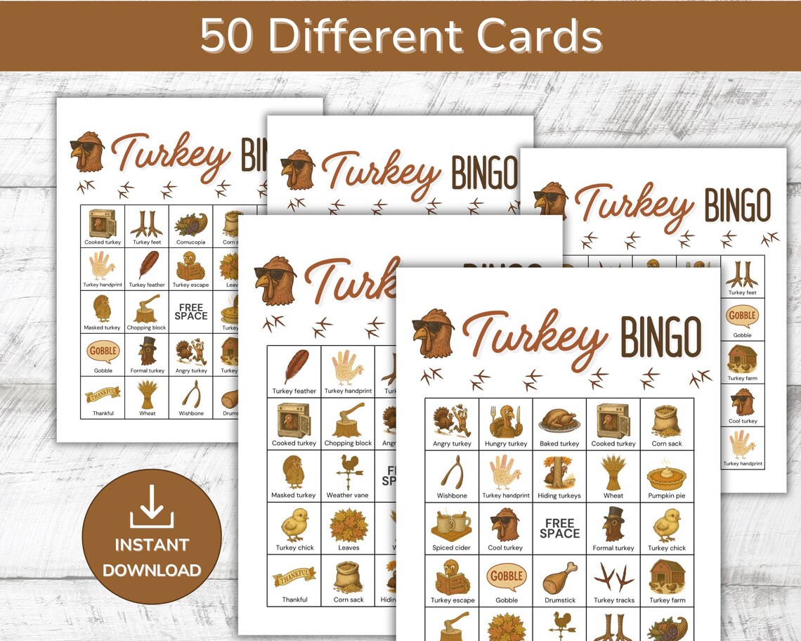 Turkey Bingo Game, 50 Printable Turkey Bingo Cards, Thanksgiving Bingo ...
