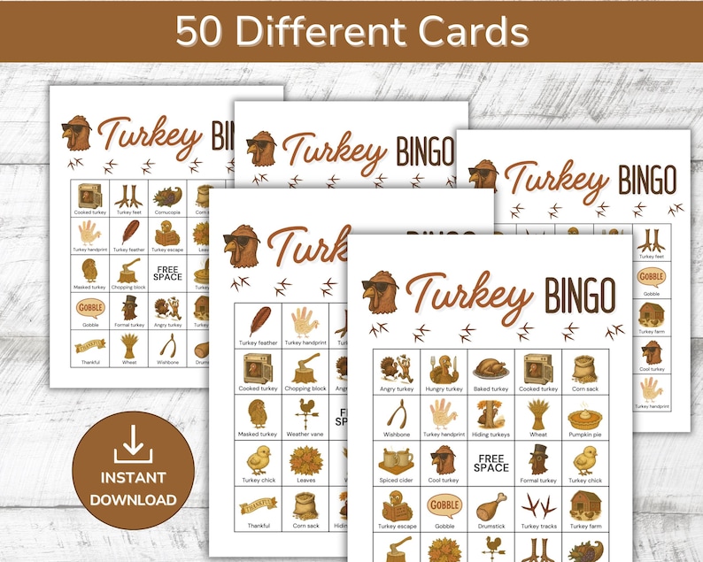 Turkey Bingo Game, 50 Printable Turkey Bingo Cards, Thanksgiving Bingo ...