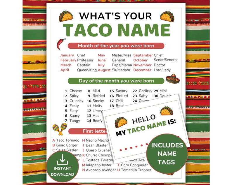 What's Your Taco Name Game With Nametags and Sign, Printable Taco ...