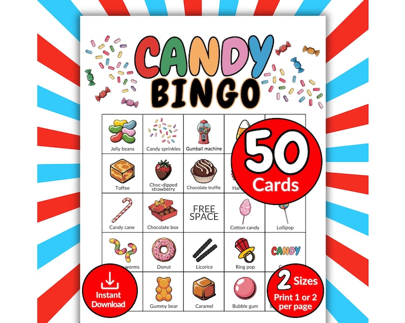 Candy Bingo, 50 Printable Candy Bingo Cards, Sweet Treats Bingo Game ...