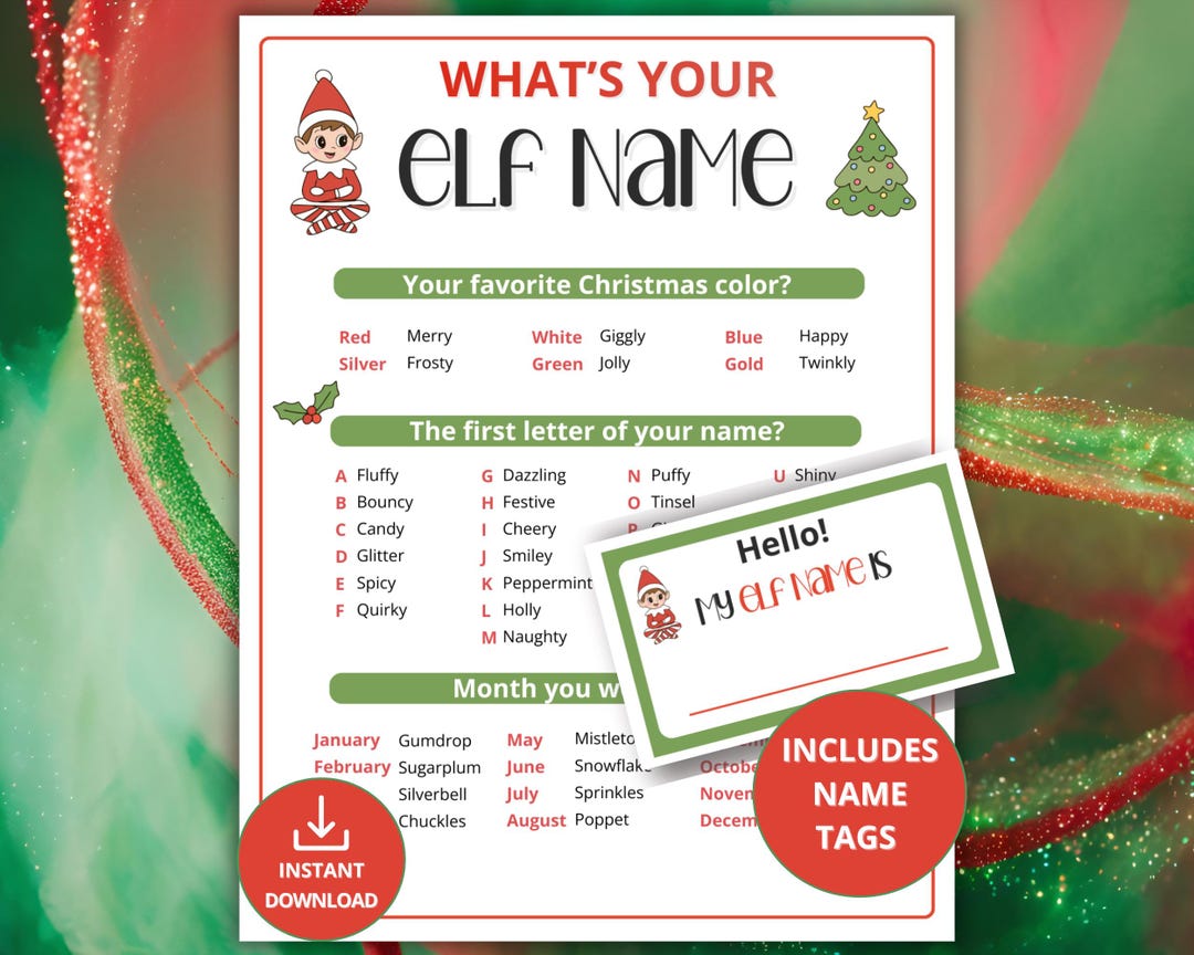 What's Your Elf Name Game With Nametags and Sign, Printable Christmas ...