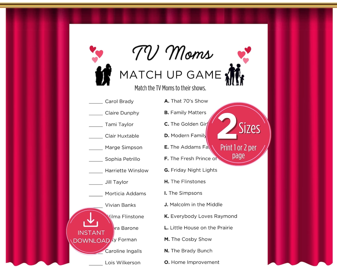 TV Moms Match up Mother's Day Trivia Game, Printable Mothers Day Trivia ...