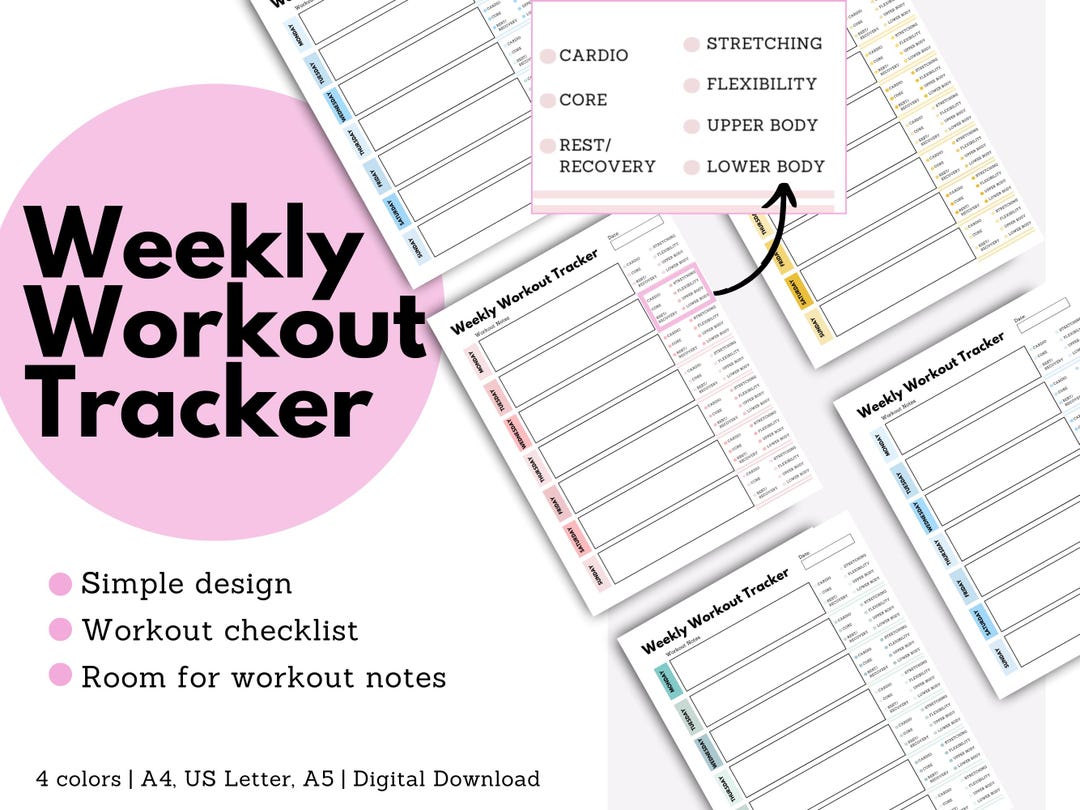Weekly Workout Tracker Printable, Fillable Workout Log, 4 Colors, 3 ...