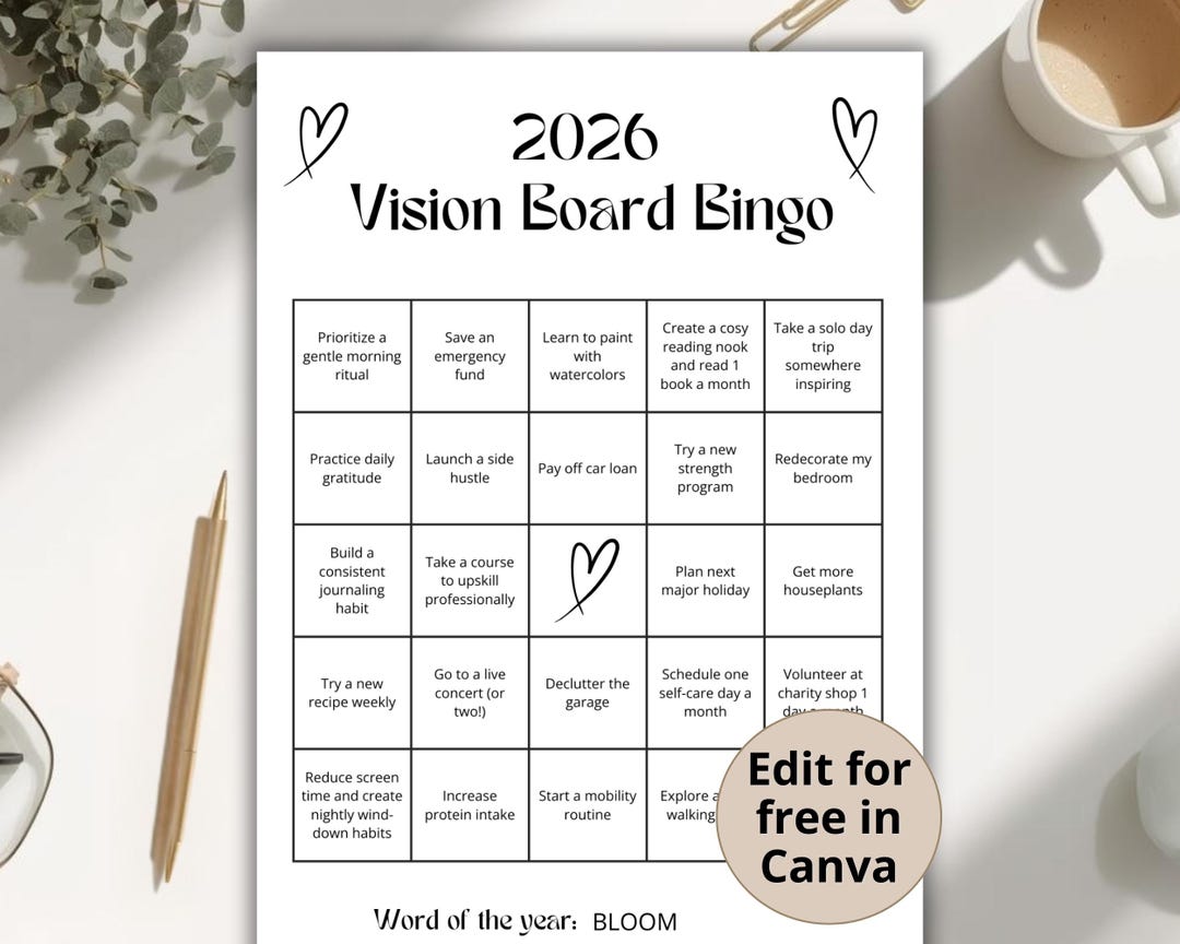 Editable 2026 Vision Board Bingo Template, 2026 Bingo Card, New Year ...