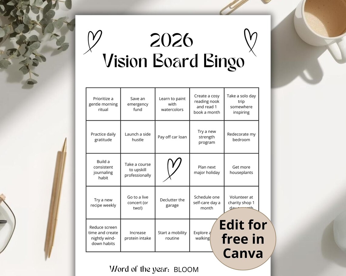 Editable 2026 Vision Board Bingo Template, 2026 Bingo Card, New Year ...