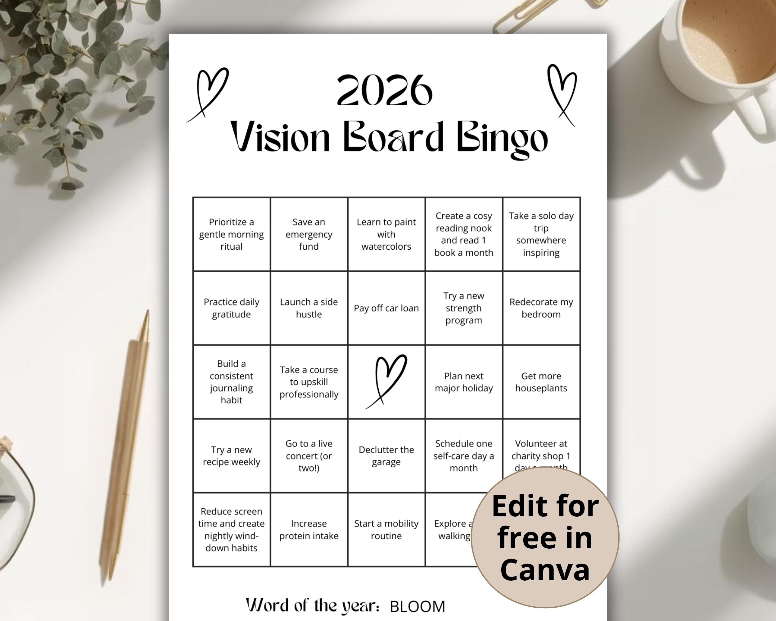 Editable 2026 Vision Board Bingo Template, 2026 Bingo Card, New Year ...