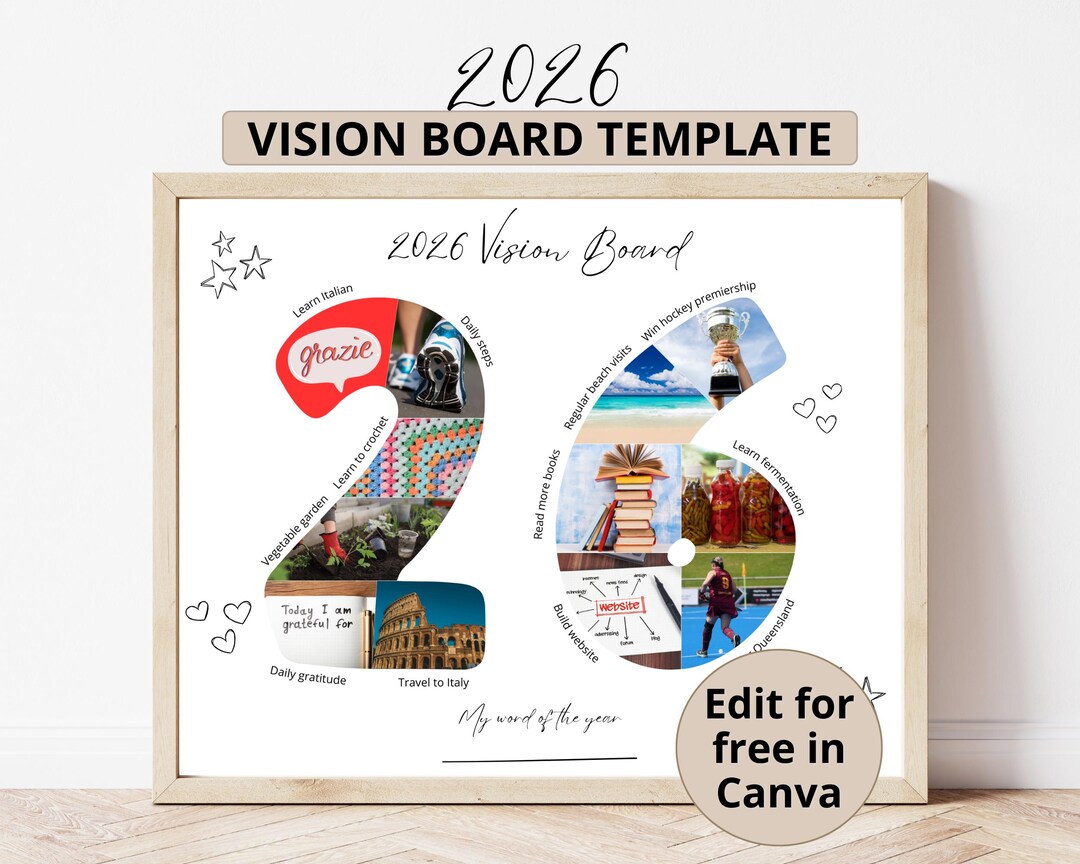 Editable 2026 Vision Board Template, Canva Photo Collage, Yearly Goal ...