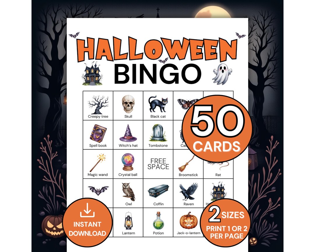 Halloween Bingo Game, 50 Unique Printable Bingo Cards, Halloween Party ...